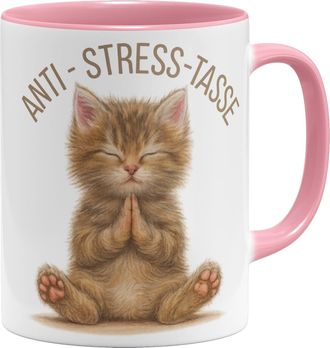 OM3 K&auml;tzchen Anti-Stress Kaffee-Tasse mit Spruch - lustige Keramiktasse Namaste-Motiv - Meditation Katze - Keramik Becher - 325ml - Beidseitig Bedruckt - 