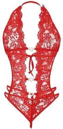 Generic Nuisette Body Femme Sexy Lingerie Dentelle Sous-vêtements Dos Nu Corsage Transparent Teddy Bodysuit Ouvert Corsage Babydoll Robe avec un arc, rouge, X