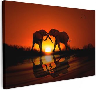 MuchoWow Leinwand Bilder, Einzigartige Wanddeko mit Rahmen, Elefantenpaar bei Sonnenuntergang, Wandbilder Wohnzimmer, Deko Schlafzimmer 150x100 cm