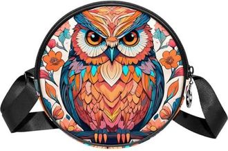 Generic Sac &agrave; bandouli&egrave;re rond pour femme, motif hibou color&eacute; avec fermeture &eacute;clair, bretelles r&eacute;glables, sac &agrave; main rond d&eacute;contract&eacute; pour femmes et filles