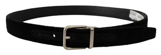 Dolce & Gabbana Mens Black Velvet Silver Tone Metal Logo Buckle Belt Grosgrain