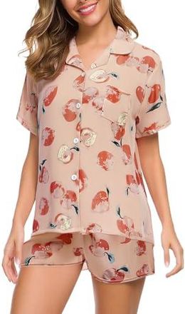 Generic Ensemble de pyjama pour femme à manches courtes - Pyjama boutonné en coton deux pièces confortable à carreaux Coupe ample Poches avant Col en V Vêteme