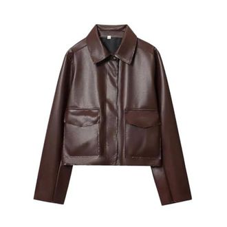 Generic Veste &agrave; revers en cuir synth&eacute;tique pour femme avec poches d&eacute;coratives d&eacute;contract&eacute;es pour lautomne et lhiver, rouge vin, XS