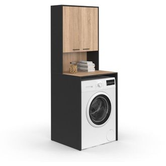 IDMarket Waschmaschinenoberschrank WALLIS mit schwarzem Schrank und Holz in Buchenoptik