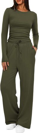 OLIPHEE 2 Teiler Set Damen Sommer Outfit Elegant Lounge Set Damen Langarm Oberteil Slim Fit und Hose Yoga Trainingsanzug Gym Hosenanzug Herbst Tracksuit Fraue