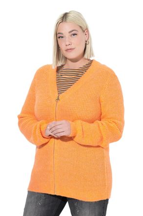 Ulla Popken Damen Strickjacke Mit V-Ausschnitt Und Zipper Sweater, Neon Orange, 54-56 EU