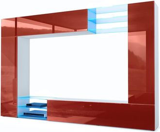Vladon Wohnwand Mirage, Made in Germany, Anbauwand mit Rückwand mit 2 Türen, 2 Klappen und 6 offenen Glasablagen, Weiß matt/Bordeaux Hochglanz, inkl. LED-Bel