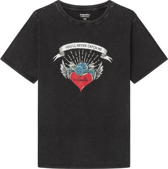 Springfield Damen-T-Shirt Kurzarm mit Rundhalsausschnitt, Kollektion Deine Schuld, Schwarz, S