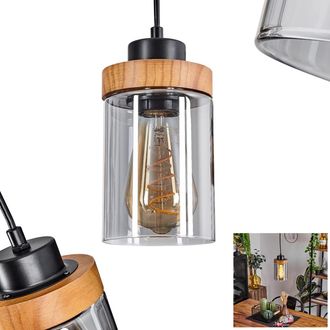 HOFSTEIN Hängeleuchte Amignon, moderne Deckenlampe aus Metall/Holz/Glas in Schwarz/Natur/Rauchfarben, Leuchte im modernen Design mit Glasschirmen, Höhe max. 15