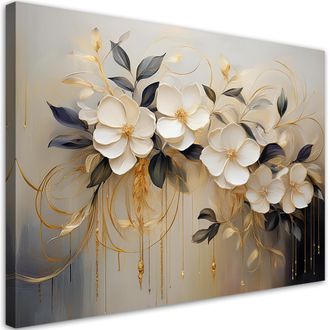Feeby Leinwand Bilder - Blumen Weiß gemalt - Canvas 90x60 cm - Deko Wohnzimmer - Wandbilder Schlafzimmer - Deko Aesthetic - Wand Deko - Leinwand Groß - Deko