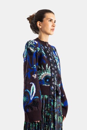 sacai Womens Blouson En Maille Floral Jacquard Knit Marron Brown Tunics