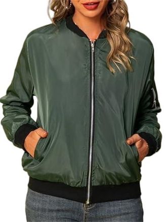 Generic Vestes pour femme - Veste bomber l&eacute;g&egrave;re &agrave; manches longues avec poches - Fermeture &eacute;clair int&eacute;grale, vert fonc&eacute;, 3XL