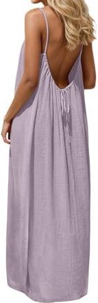 Generic Robe caraco longue sans manches pour femme - Dos nu - Robe d&eacute;t&eacute; fluide - Pour le salon, la maison, les vacances, la plage - Avec noeud dans le dos, vi