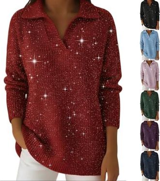 Generic HUIFUAO Pull scintillant pour femme - Grande taille - Col en V - Pull &agrave; paillettes - Automne et hiver - Chaud et confortable &agrave; manches longues - Pull 