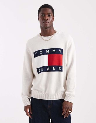 Tommy Jeans Pullover in meliertem Weiß mit Flag-Logo