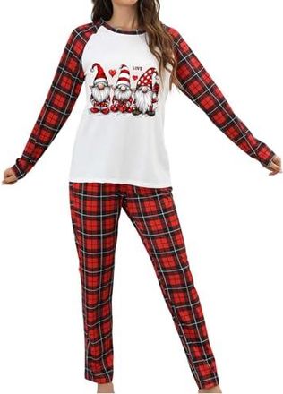 Generico Pyjama de No&euml;l pour femme avec motif de lutin, ensemble de pyjama &agrave; carreaux imprim&eacute; gnome, ensemble confortable pour la maison pour la saison de lAve