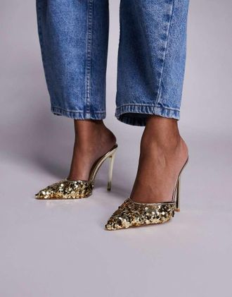 Simmi London Simmi London - Agathia - Mules in Gold mit Absatz und Pailletten-Goldfarben