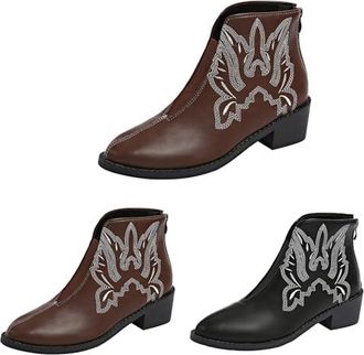 Generic Bottines de cowboy pour femme - Bottes de cowboy occidentales tendance brodées - Bout pointu - Grosses talons bas - Confortables - Avec fermeture écla