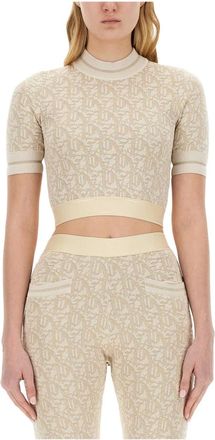 Palm Angels Femme, Tops, Blanc, Taille: 40 FR Monogram Jacquard Knit Top S/S