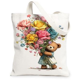 Generic Sacs fourre-tout en toile &agrave; motif floral color&eacute;, sacs r&eacute;utilisables, sacs vintage printaniers, l&eacute;gers, lavables en toile pour lext&eacute;rieur, blanc, 13x15