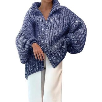 Generic Pull &agrave; paillettes pour femme - Manteau &agrave; paillettes - Cardigan long - Pull pour femme avec motif torsad&eacute;, bleu, XXL