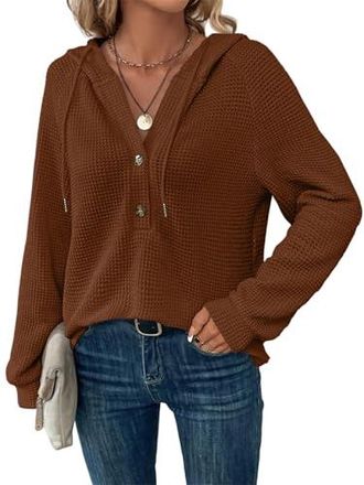 Generic Femmes Automne Hiver Mode Couleur Unie Manches Longues Col V Top avec Capuche Demi Boutonn&eacute; Cordon de Serrage Veste, caramel, 4XL