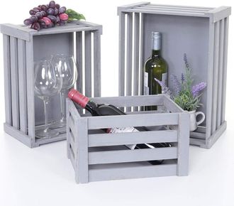 Mendler 3er Set Holzkiste HWC-C56, Weinkiste Dekokiste Aufbewahrungskiste Obstkiste, Shabby-Look Vintage - grau, shabby