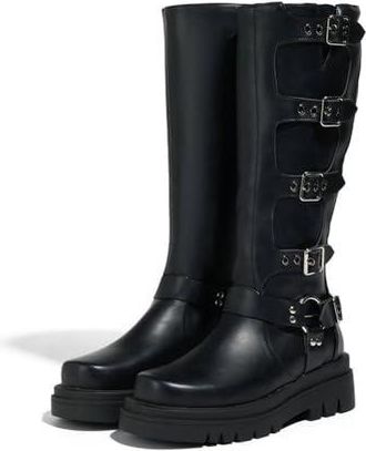 Generic Bottes montantes tendance pour femme avec boucle et bout carré et talon épais, large mollet à enfiler, chaussures de motrocycle, Noir, 37.5 EU