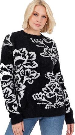 Lovedrobe Womens Jumper Ladies Sweater Round Crew Neck Long Sleeve Floral Jacquard Elasticated Stretchy Casual Pullover Knitwear, Noir 52-54
