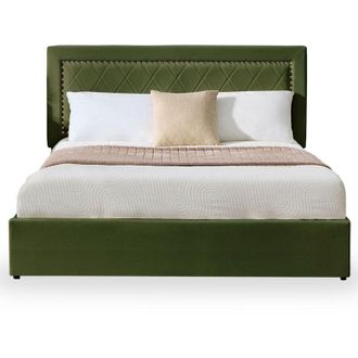 Menzzo Lit coffre Sandiego avec sommier relevable 140x200cm et t&ecirc;te de lit clout&eacute;e Velours Kaki