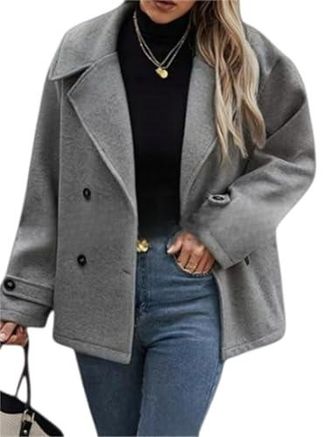 Generic Manteau court en laine m&eacute;lang&eacute;e &agrave; double boutonnage avec col &agrave; revers et poches pour femme, gris, XXL
