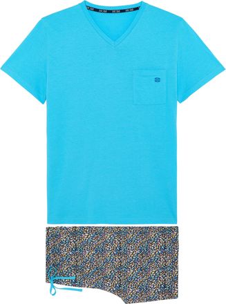 HOM Herren Pyjama Court Buddy Pyjamaset, Oberteil: Einfarbig T&uuml;rkis Unten: Bedruckt mit Kleinen Bl&auml;ttern in Mehreren Farben auf Marinefarbenem Hintergrund