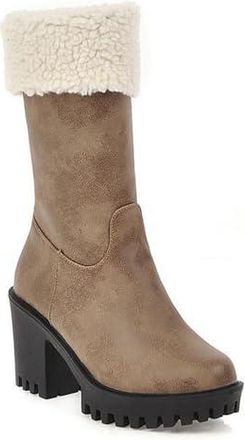 Generic Bottes de neige mi-mollet pour femme avec fermeture éclair latérale, bout rond, talon bloc, plateforme chaude, chaussures de fête en plein air, marron