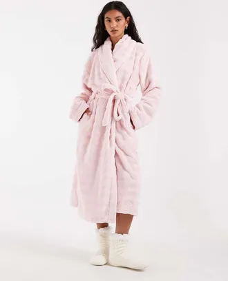 Loungeable Midi-Bademantel aus Fleece in Rosa mit Schalkragen und Blasenstruktur