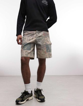 Element Skater-Jeansshorts im Carpenter-Stil in Khaki mit Graffiti-Print-Gr&uuml;n