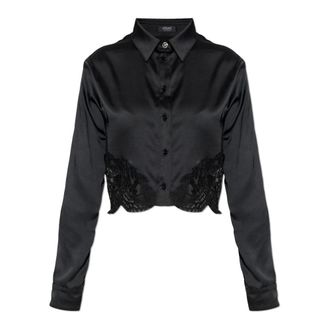 Versace Femme, Blouses et Chemises, Noir, Taille: 36 FR Chemisier court en satin avec bordure en dentelle