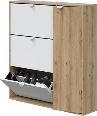 PEGANE Pegane - Meuble &agrave; chaussures, commode &agrave; chaussures avec 4 portes coloris Ch&ecirc;ne nordique, blanc artik - hauteur 112 x longueur 105 x profondeur 24 cm