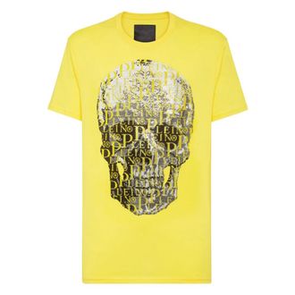 Philipp Plein unisex, Tops, Jaune, Taille: 5XL T-shirt Col Rond MC T&ecirc;te de Mort et Plein avec Cristaux