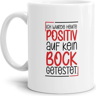 Tassendruck Tasse mit Spruch - Positiv auf kein Bock getestet - Lustiges Geschenk für Familie, Freunde, Spruchtasse, Büro - Keramik Weiß, 300 ml