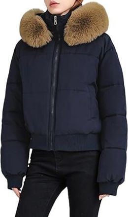 Generic Doudoune courte dhiver pour femme en fausse fourrure &agrave; capuche rembourr&eacute;e &agrave; manches longues Manteaux &agrave; bulles dhiver chauds et bouffants, bleu marine,