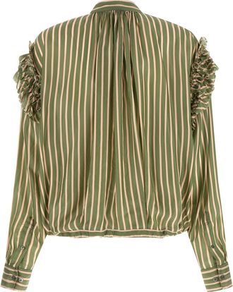 Dries Van Noten Striped Cupro with Ruffle Trim Shirt - Green