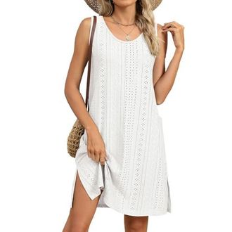 Generic Robe d&eacute;t&eacute; l&eacute;g&egrave;re pour femme - Robe courte - Sans manches - Col rond - Longueur genou - Robe de plage d&eacute;contract&eacute;e avec poches - Robe d&eacute;bardeur d&eacute;contr