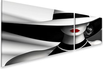 Islandburner Bild auf Leinwand Frau mit Hut und roten Lippen in Schwarzweiß für Schlafzimmer Kunstliebhaber Galerie Bilder Wandbilder Poster