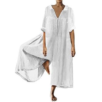 Generic Combinaison &eacute;l&eacute;gante pour femme - En coton et lin - Salopette &agrave; manches longues - Avec poches - Grenouill&egrave;re large - Une pi&egrave;ce - S&eacute;chage rapide - Resp