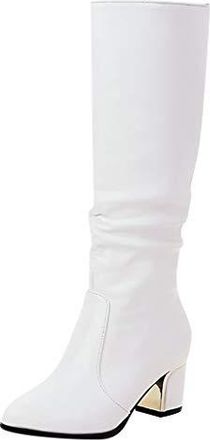 Generic Bottes au genou pour femme avec talon, bottes en cuir noir plat, talon bloc antid&eacute;rapant, bottes chaudes, talons hauts, bottes dhiver avec talon compe