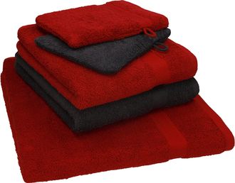 Betz 5 TLG. Handtuch Set Single Pack 100% Baumwolle 1 Duschtuch 2 Handtücher 2 Waschhandschuhe dunkelrot - Graphit grau