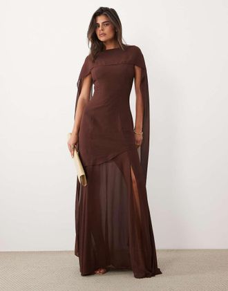 Tfnc robe longue demoiselle dhonneur en mousseline avec d&eacute;tail &eacute;charpe et jupe transparente, chocolat-Marron