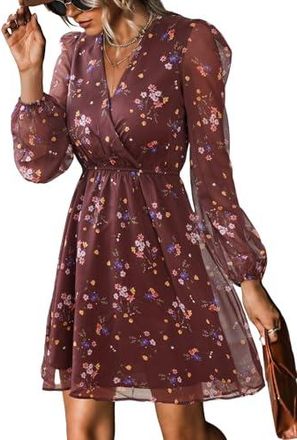 Cupshe Robe dautomne pour femme avec col en V en mousseline de soie, robe trap&egrave;ze &agrave; manches longues paysannes, robe d&eacute;contract&eacute;e, Bordeaux Ditsy, Taille M