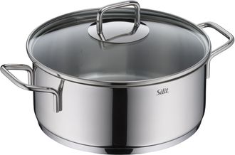 Silit Extra Cook, Bratentopf 24 cm mit Glasdeckel, Innenskalierung, breiter Schüttrand, hochwertiger, spülmaschinenfester Crominox-Edelstahl, Kochtopf groß,