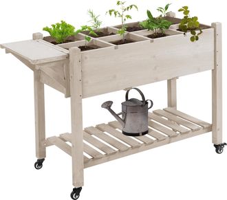 OUTSUNNY Standblumenkasten - Gem&uuml;segarten auf R&auml;dern - Regal, Klappbord, Bew&auml;sserungseins&auml;tze, Drainagefilz inklusive - Vorge&ouml;ltes Tannenholz Abm. 123L x 54l x